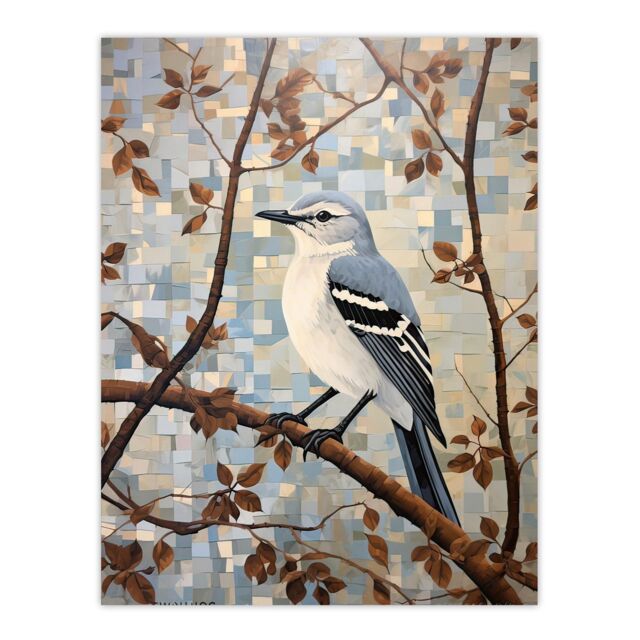 Wall Art Print Fall Mosaic Mockingbird on Autumn Tree Branch Poster ...