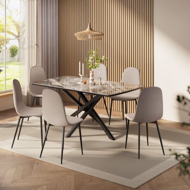 Marble Effect Ceramic with Cross Leg Base 6 Seater Dining Table by ...