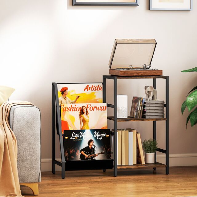 HOMCOM Record Player Stand, 3-Tier Side Table with Vinyl Record Storage ...