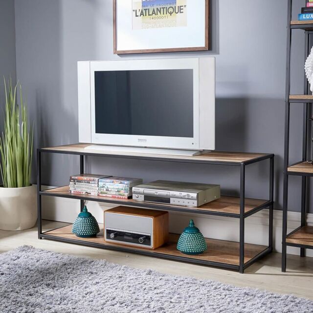 Home Source Compact TV Unit Media Stand Open Storage Shelves Modern Oak ...