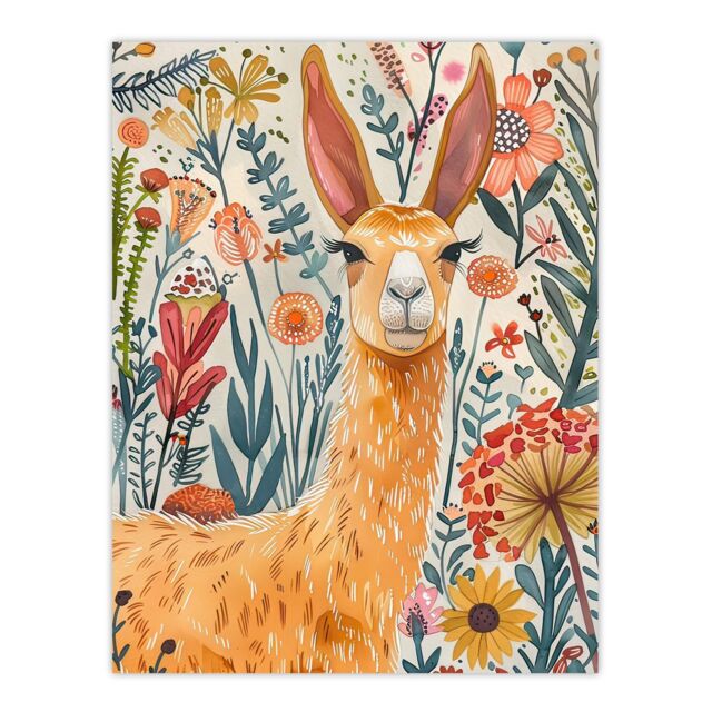 Lady Llama with Colourful Flowers Watercolour Wall Art Print by ...