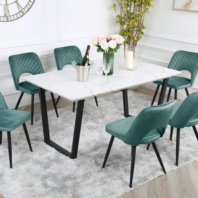 Metis Dining Set - Marble-Effect Table with 6 Velvet Chairs by ...