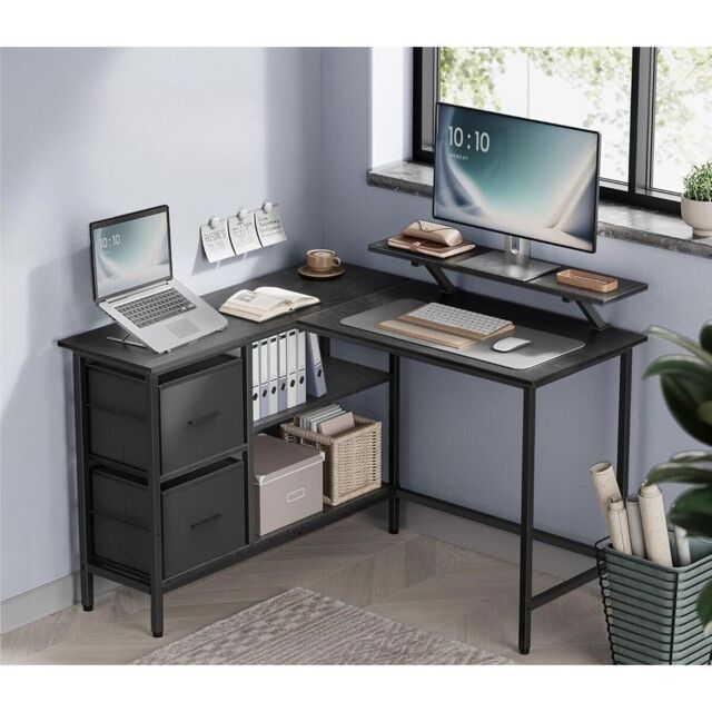 VASAGLE Compact L-Shaped Gaming Desk 2 Drawers Monitor Stand Corner ...