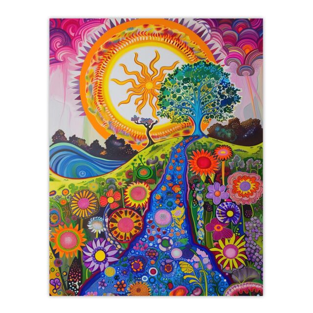 Bright Colourful Hippy Artwork Flowers Sun Trees Wall Art Print by ...