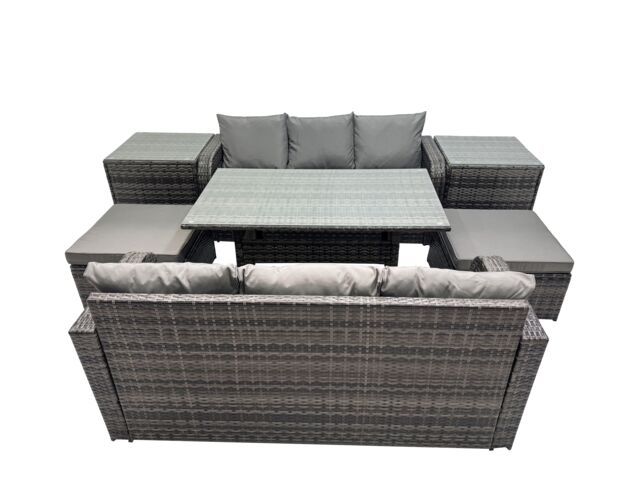 8 Seat Outdoor Dining Table Sofa Set with 2 Big Stool 2 Side Tables by ...