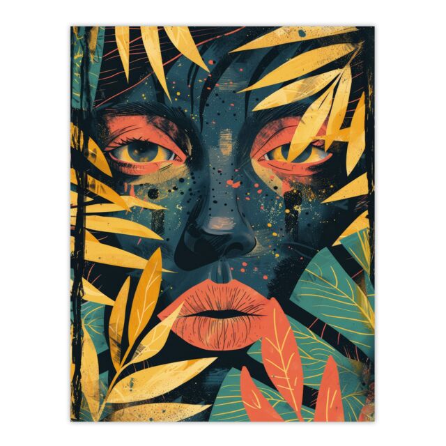 "Artery8 Wall Art Print Woman Face Behind Jungle Plant Leaves Portrait ...