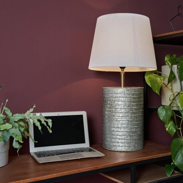 Fleming Zinc Coloured Metal Barrel Table Lamp Large Tapered White Shade ...
