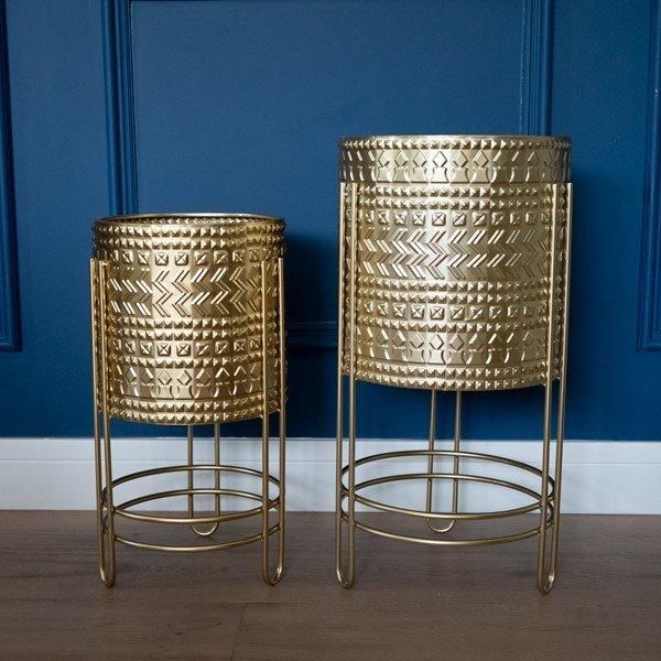 Small Gold Embossed Metal Planter on Stand by Debenhams | ufurnish.com