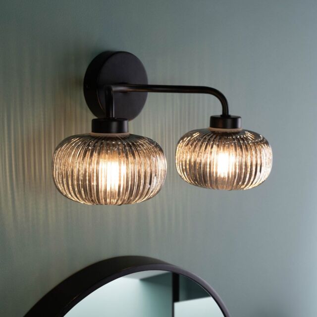 Amaia Matte Black IP44 Rated 2 Way Smoked Ribbed Glass Wall Light by ...