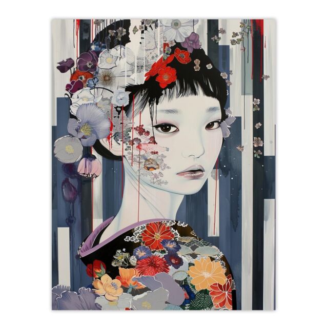 Modern Japanese Woman Portrait in Delicate Floral Wall Art Print by ...