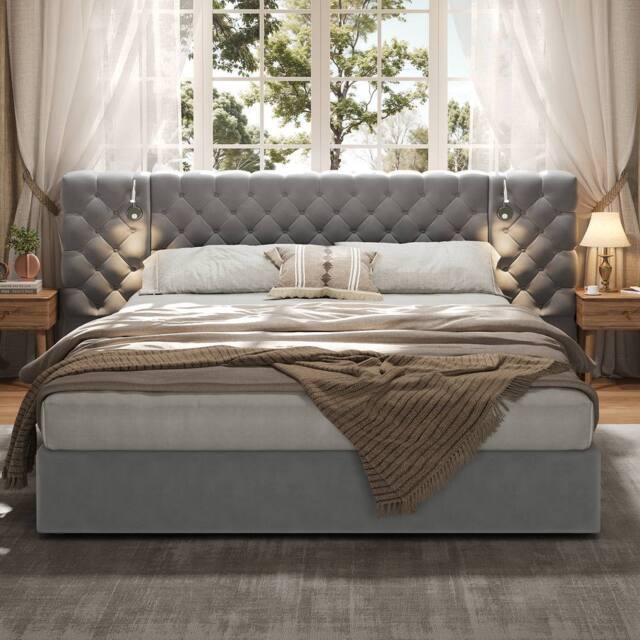 BTM Upholstered Hydraulic Storage Bed with Reading Light & Wide ...