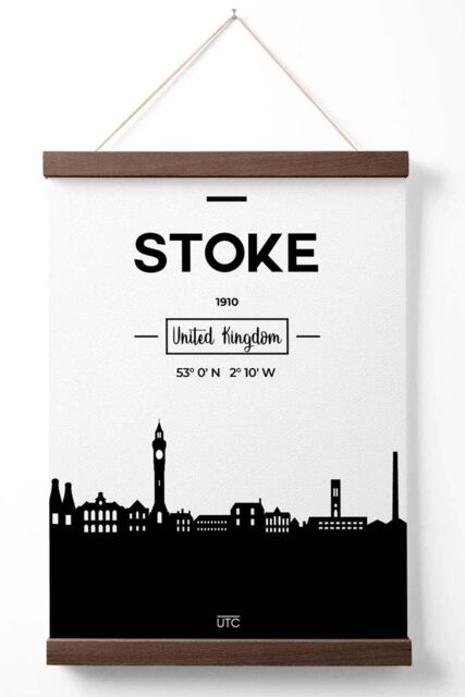 Stoke Black and White City Skyline Poster with Walnut Hanger by ...