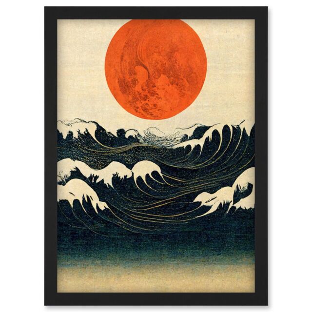 Minimalist Large Orange Moon Over Ocean Waves Ukiyo-e Style Artwork ...