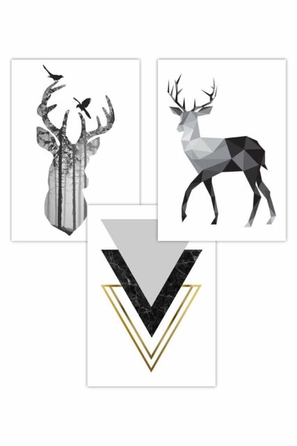 ARTZE Set of 3 Graphical Geometric Black Grey Stag Set Art Posters ...