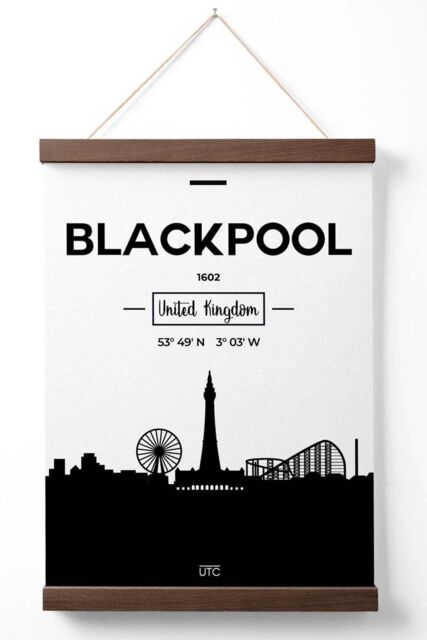 Blackpool Black and White City Skyline Poster with Walnut Hanger by ...
