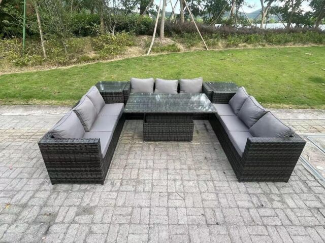 U Shape Rattan Sofa Set Adjustable Rising Dining Table With 2 Side ...