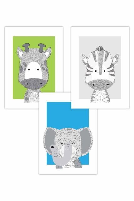 Set of 3 Nursery Scandi Sketch Jungle Animals in Grey Blue Green Art ...