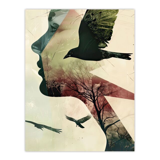 "Artery8 Abstract Woman Profile Portrait Crows Trees Dark Wall Art ...