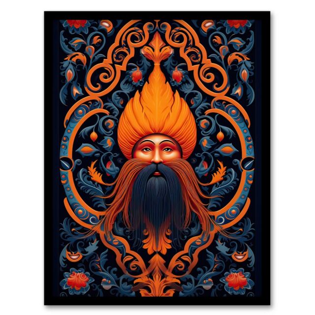 Wall Art Print Sikh Guru and Botanical Pattern Vibrant Concept Art ...
