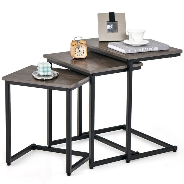 Set of 3 Nesting Tables Rectangle Stacking Side Table C-shape Accent Coffee Desk by Debenhams ...