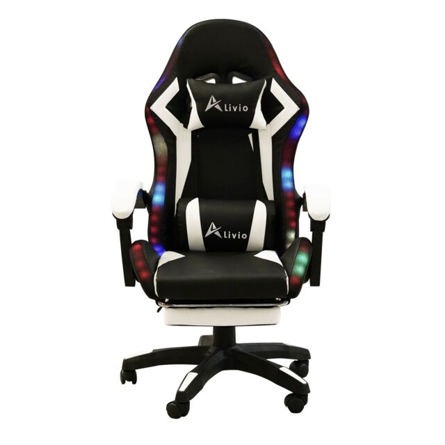 360 Degree Swivel LED Gaming Chair with Footrest Lumbar Support Back ...