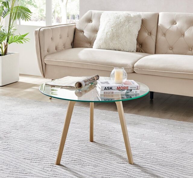Malmo Beech Wood Scandi Inspired Coffee Table With Round Tempered Glass ...
