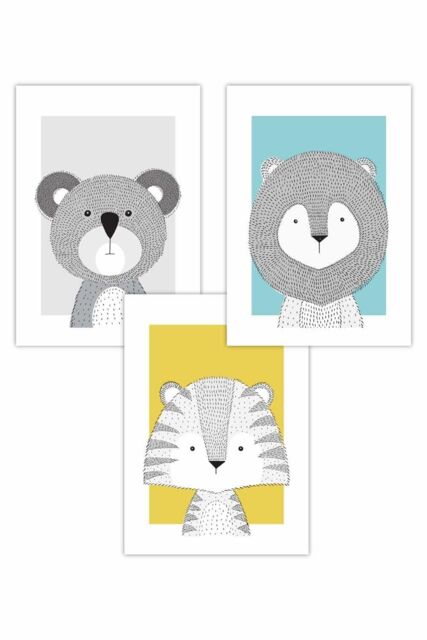 Set of 3 Nursery Scandi Sketch Animals with Koala in Blue Yellow Grey ...