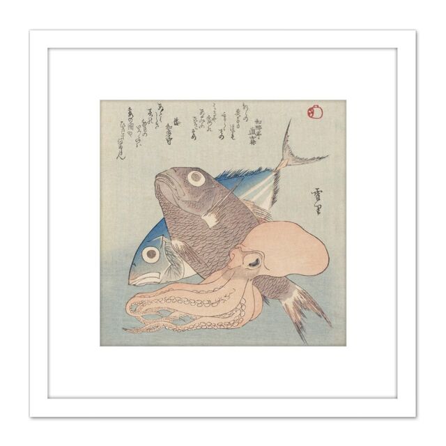 Setsuri Still Life Of Tuna Carp And Squid Japan 8X8 Inch Square Wooden ...