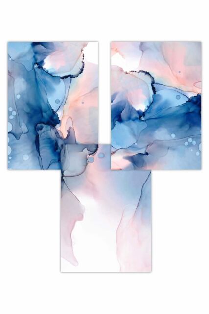 ARTZE Set of 3 Blush Pink & Navy Blue Abstract Ink Art Posters - Size ...