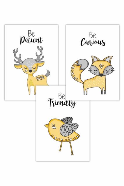Set of 3 Scandi Nursery Fox Animals Quote Yellow Grey Art Posters by ...