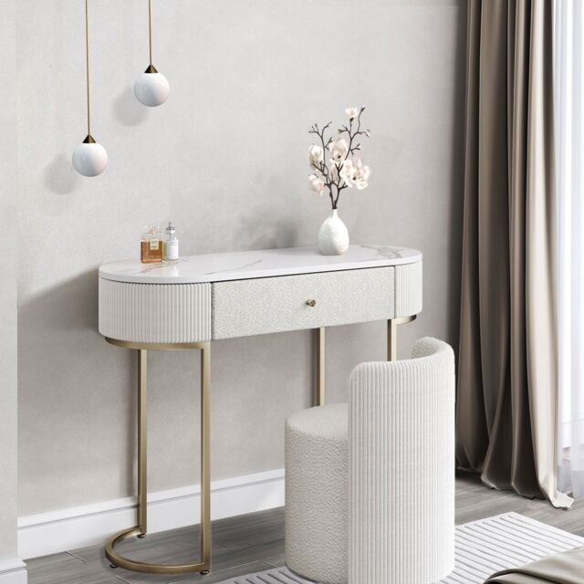 Romy Ivory Bouclé & Corduroy Dressing Table with Hattie Bouclé Stool by ...