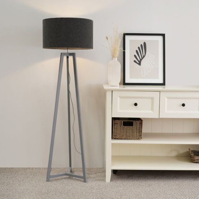 ValueLights Lottie Grey Wood Tripod Floor Lamp with Boucle Drum Shade ...