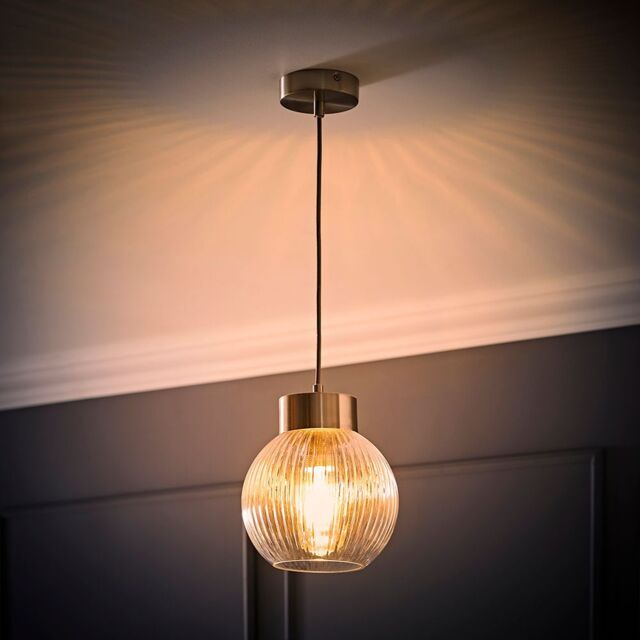 Maddison Ribbed Glass Shade Metallic Cap Ceiling Pendant Light & Bulb ...