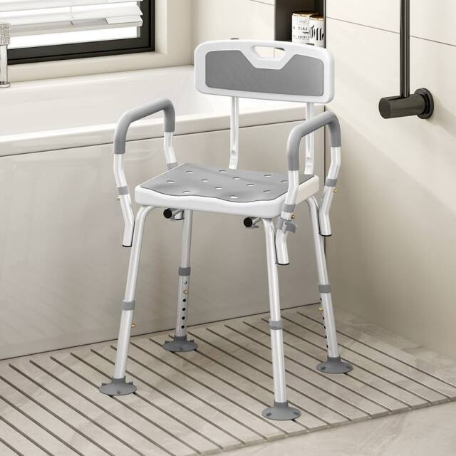 HOMCOM Padded Shower Stool with Arms & Back, 4 Suction Foot Pads, Grey ...