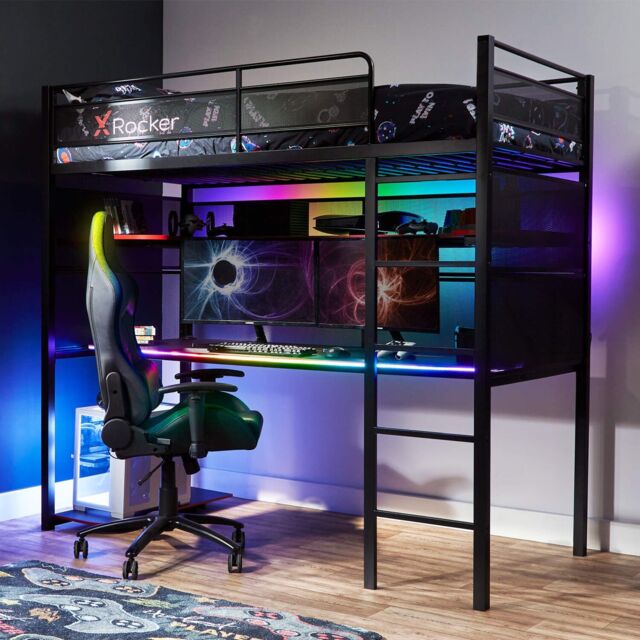 Battlebunk RGB High Sleeper Bunk Bed with Gaming Desk and Shelving by ...