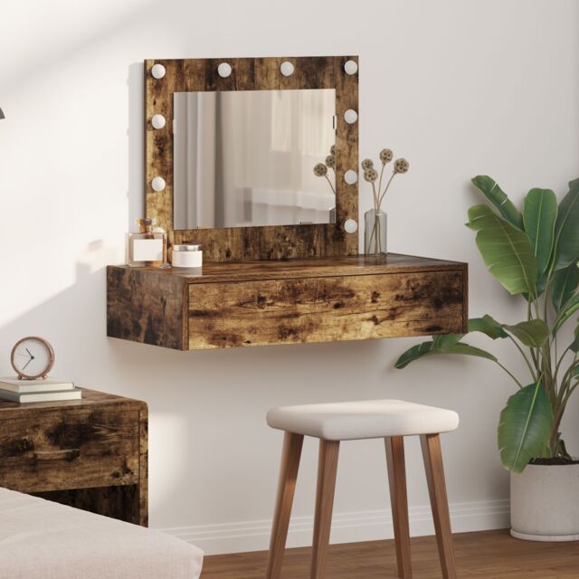 Berkfield Home Wall Hanging Dressing Table with LED Lights Smoked Oak ...