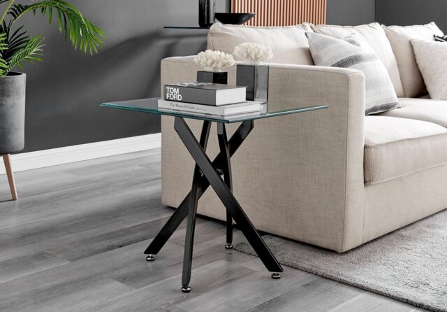 Leonardo Square Glass Side End Bedside Table with Metal Angled ...
