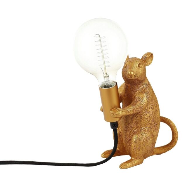 Rat Sculptured Table Lamp Resin Base in Brushed Gold with Black Fabric ...