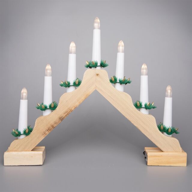 Traditional Wooden Pre-Lit Natural Candle Bridge Light 7 LEDs Bulbs ...