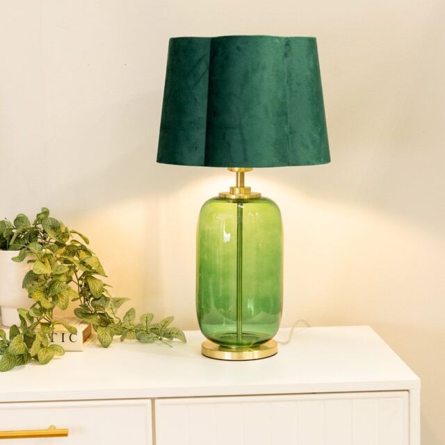 Leigh Green Velvet Scallop Shade Forest Green Glass & Gold Table Lamp ...
