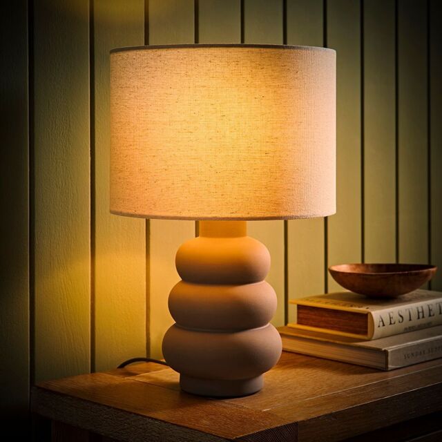 Rochella Natural Linen Drum Shade Grey Bubble Stack Ceramic Table Lamp ...
