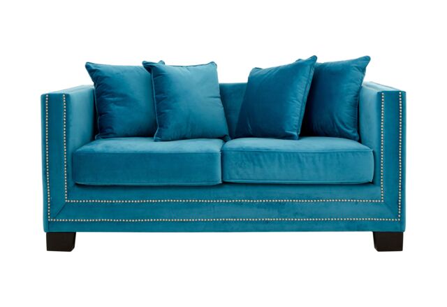 Comfortable 2 Seater Cyan Blue Velvet Sofa, Stylish Mid Century Sofa ...