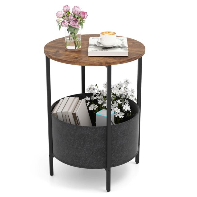 Costway 2-Tier Side Table Round End Table w/ Removable Fabric Basket ...