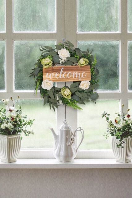 Living and Home 45cm Faux Rose & Willow Leaf Welcome Wreath - Rustic ...