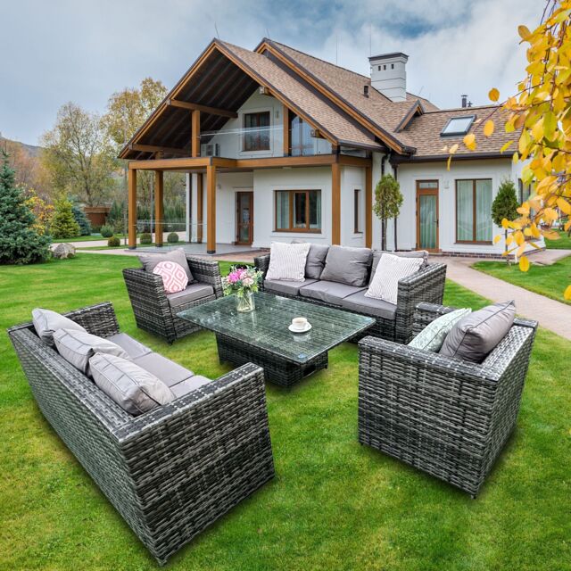 8 Seater Rattan Dining Set, Garden Furniture Set with Height Adjustable ...