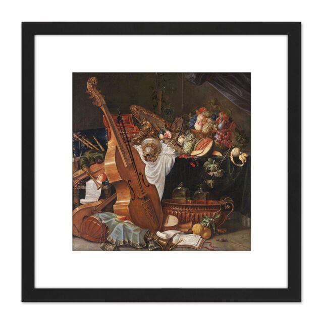 Grueber Still Life Musical Instruments Painting 8X8 Inch Square Wooden ...
