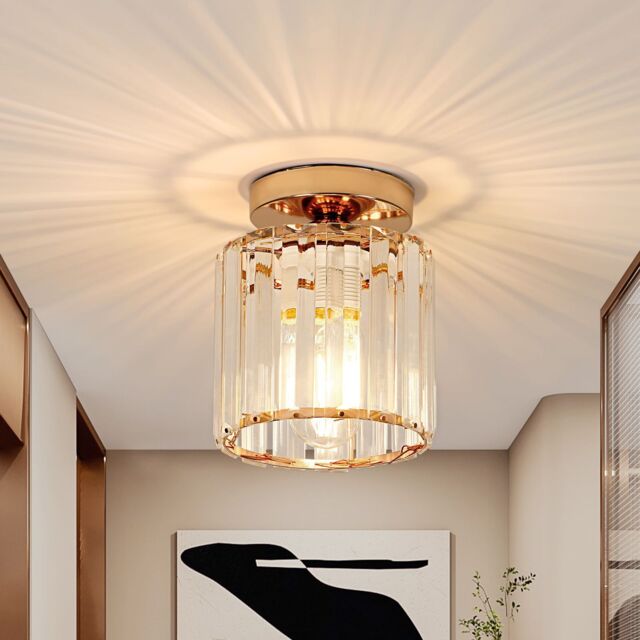 Goeco Crystal Shade Ceiling Lamp Gold Round E27 Base (Bulb Excluded ...