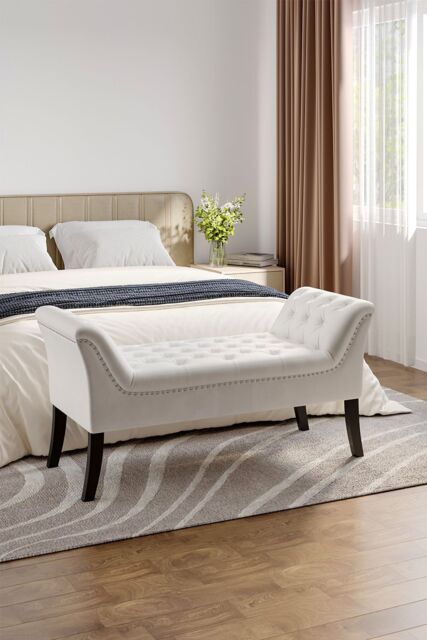 Contemporary Velvet Buttoned Bench with Black Wood Legs by Debenhams ...