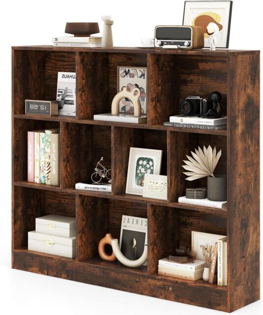 3-Tier Bookcase Freestanding 10 Cube Display Shelf Organizer Brown by ...