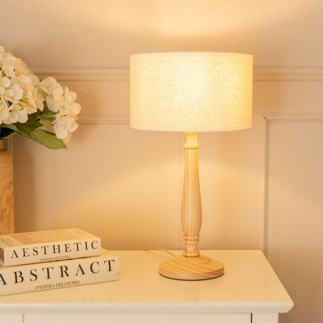 Victoria Light Wood Candlestick Table Lamp with Linen White Trim Shade ...